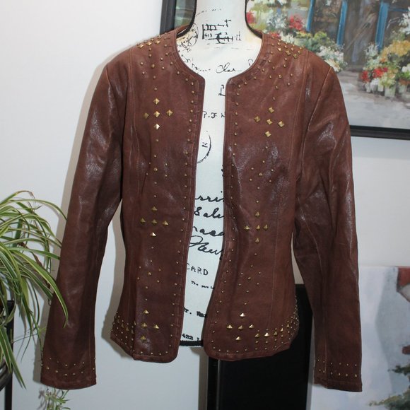 Reba | Jackets & Coats | Reba Womens Xl Brown Leather Jacket Collarless ...
